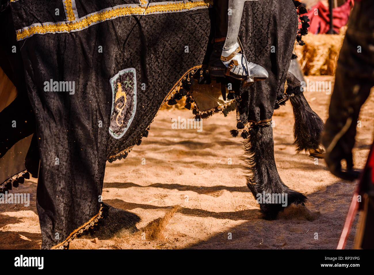 Detail of the armor of a knight mounted on horseback during a display ...
