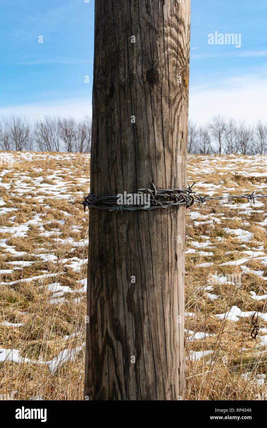 Weathered Old Wooden Fence Post With Barbed Wire Stock Photos ...