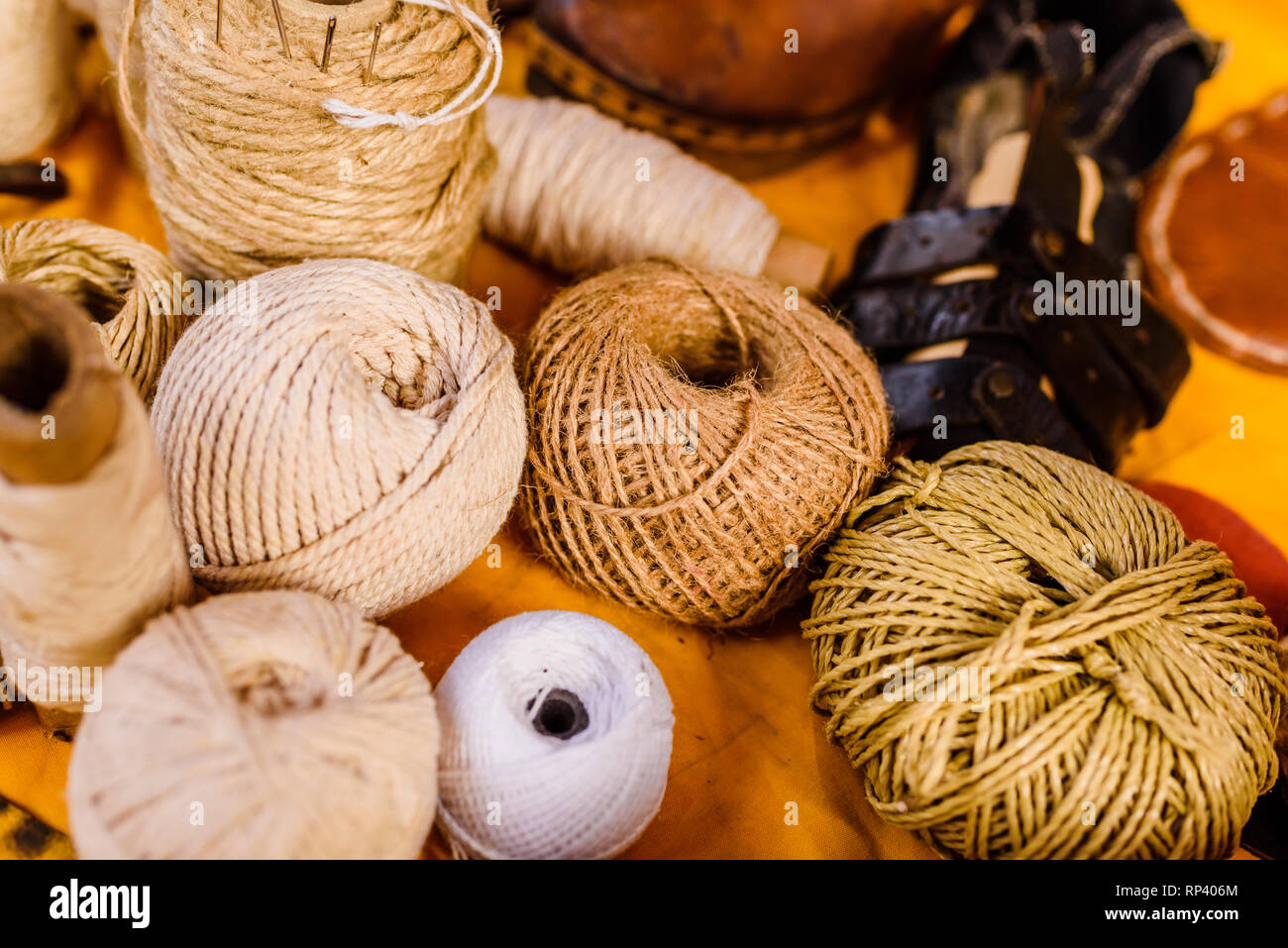 Balls of yarn, wool and rope of earth colors Stock Photo - Alamy