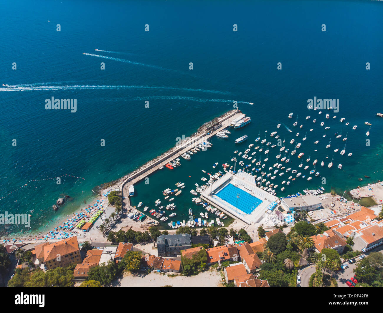 aerial view of sunny beach in herceg novi montenegro. summer vacation ...