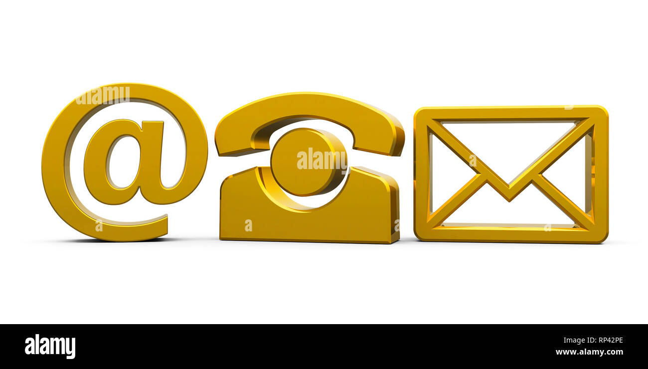 Golden contact symbols represents communication - isolated on white ...