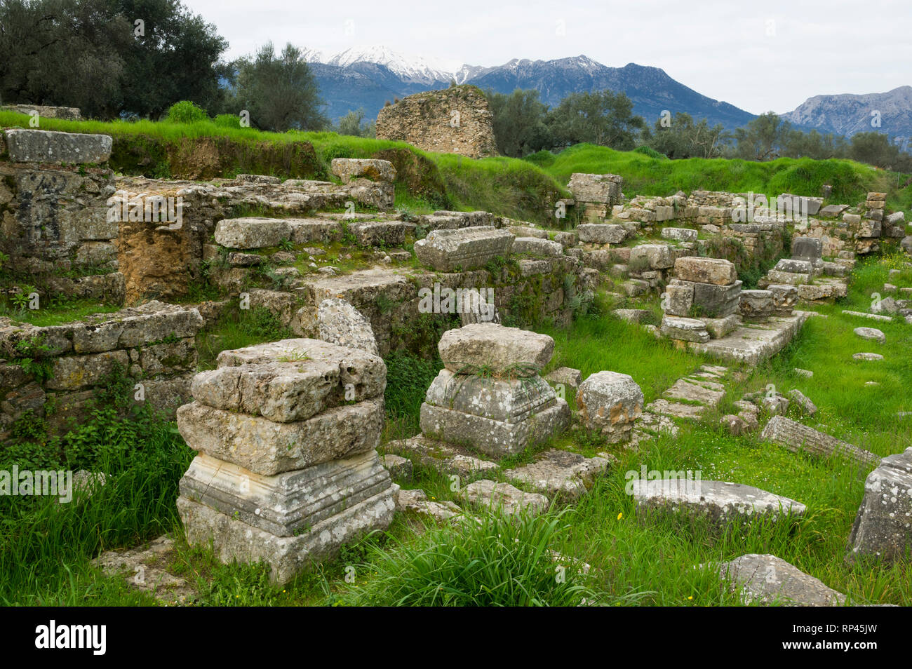 Acropolis of Ancient Sparta below the snow-capped Taygetos Mountains ...