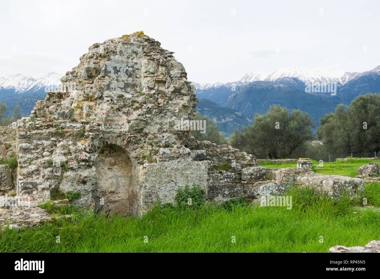 Acropolis of Ancient Sparta below the snow-capped Taygetos Mountains ...