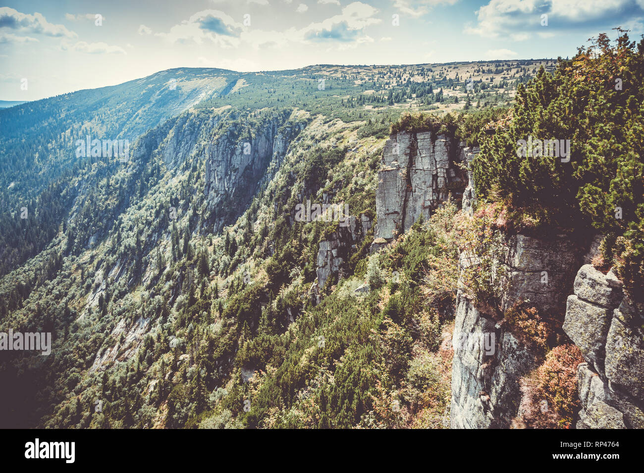 Scenic sight of czech giant mountains valley and rock formation Stock ...