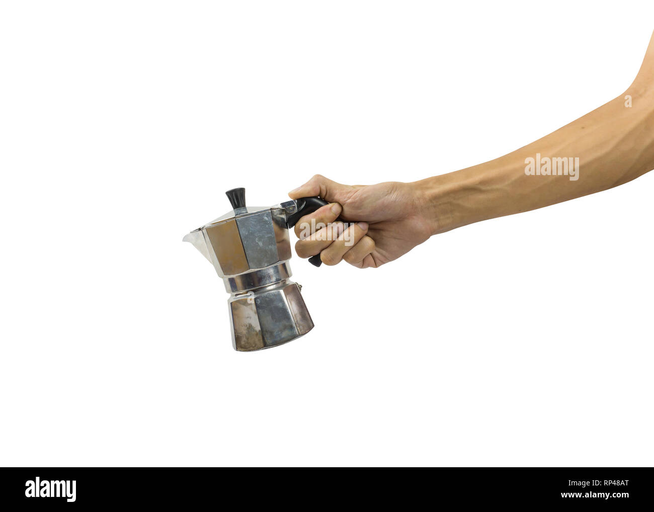Close-up A man hand holding moka pot isolated on white background Stock ...