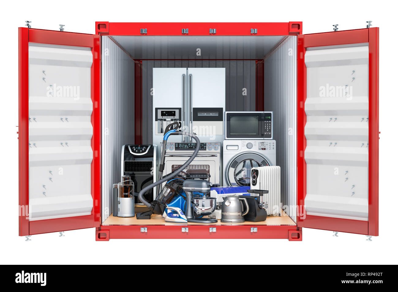 Cargo shipping of household and kitchen appliances concept. 3D ...