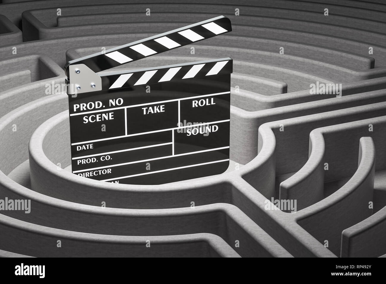 Clapperboard inside labyrinth maze. 3D rendering isolated on white ...