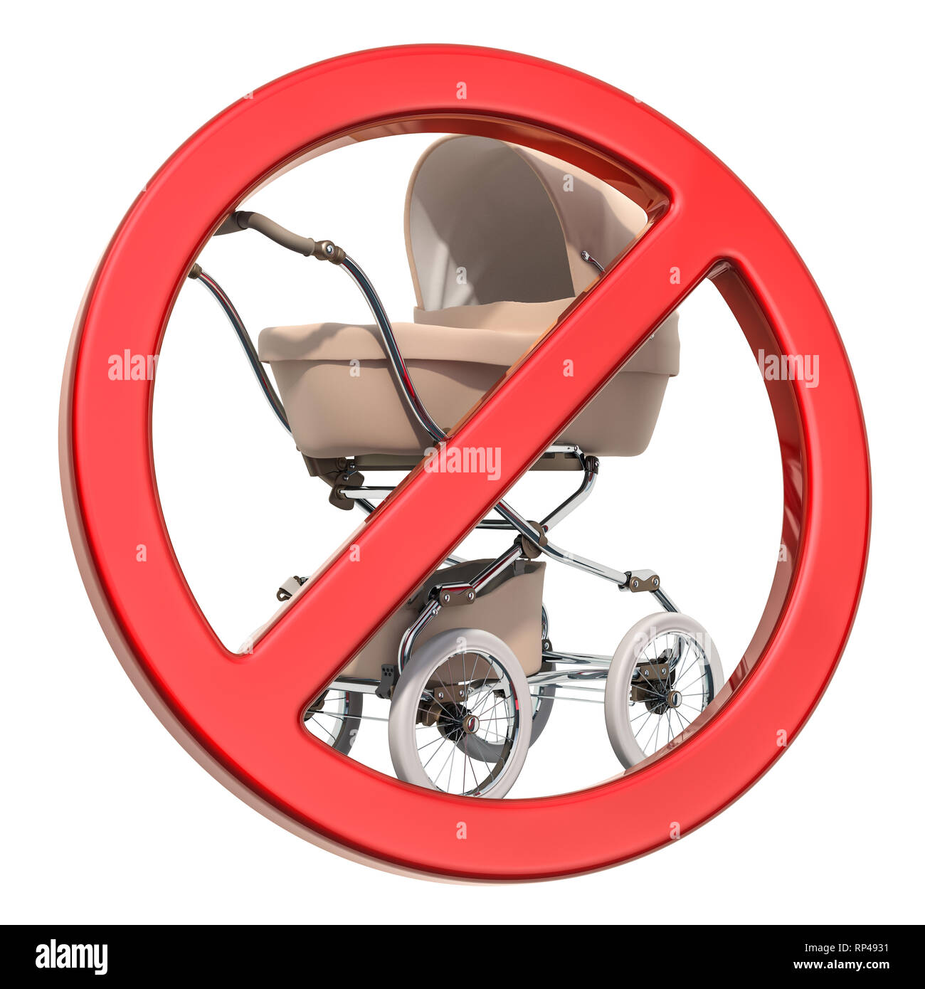 Baby stroller with prohibition sign, 3D rendering isolated on white ...