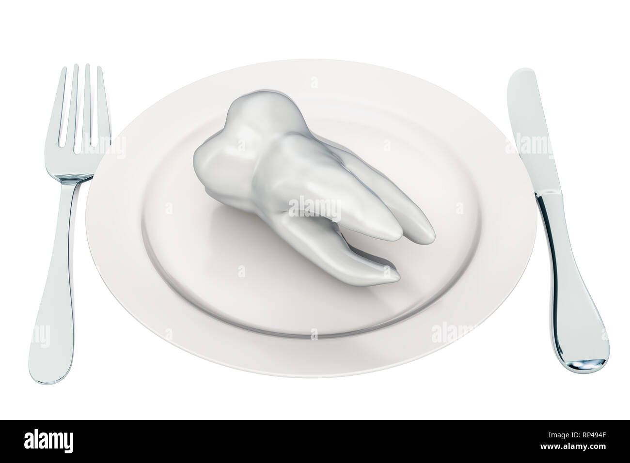Tooth on the plate. 3D rendering isolated on white background Stock ...
