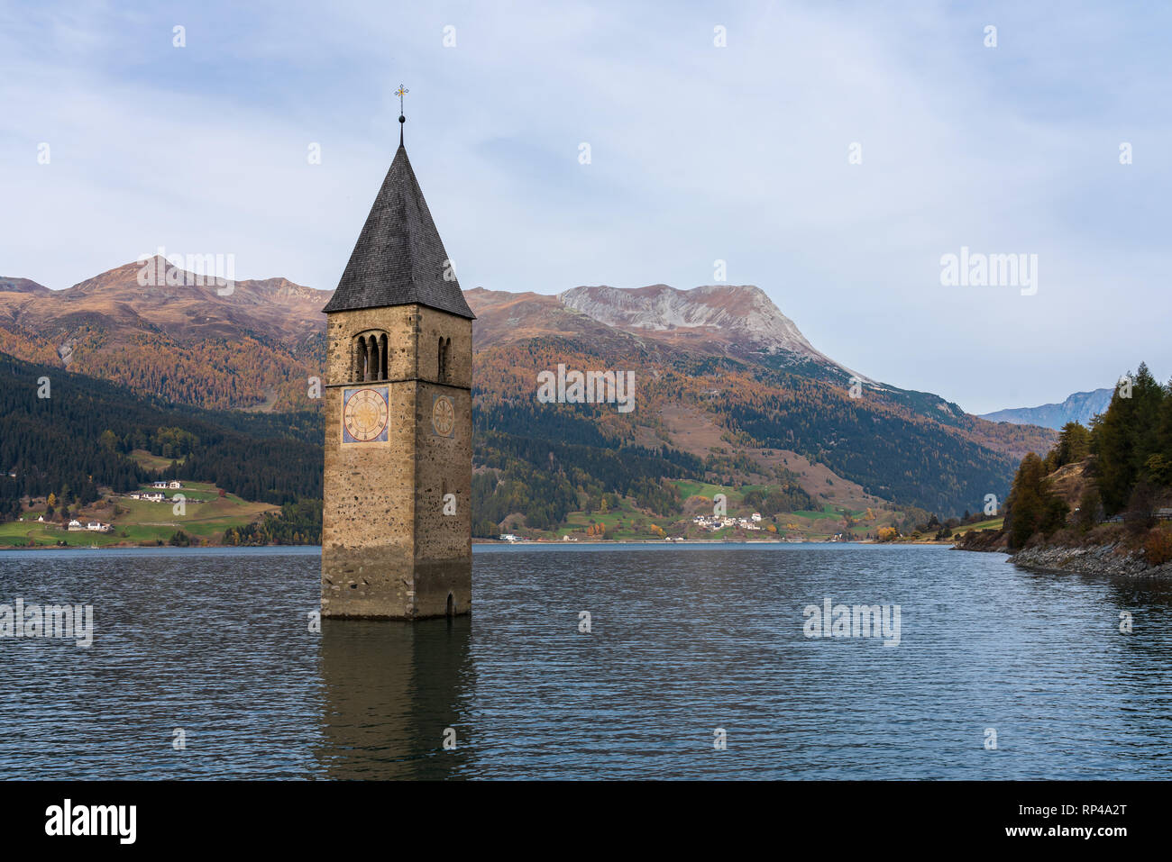 Church in the water at Lake Reschen in Tyrol in north Italy Stock Photo ...
