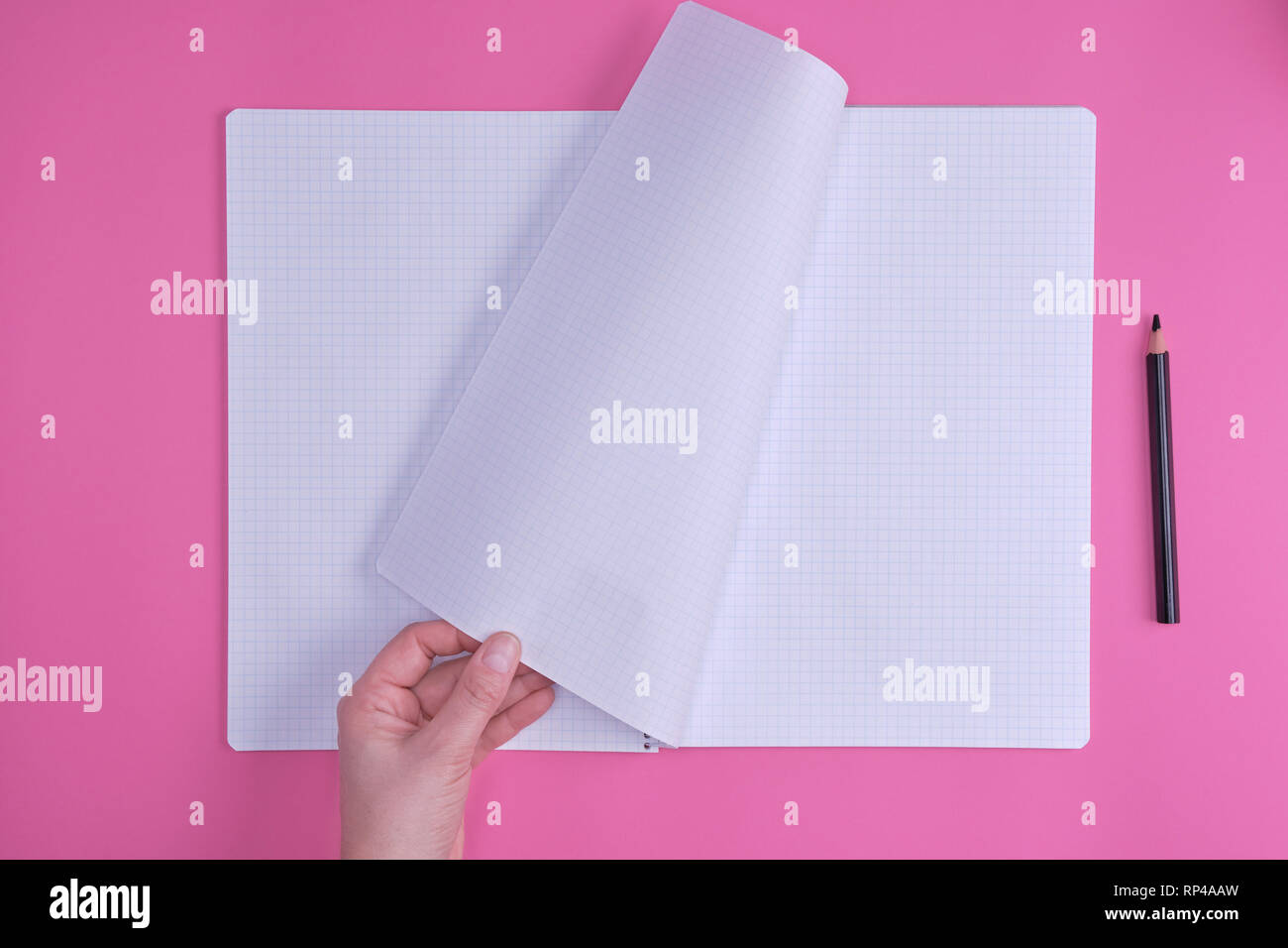 empty open notebook in a cell and a female hand, pink background, top ...