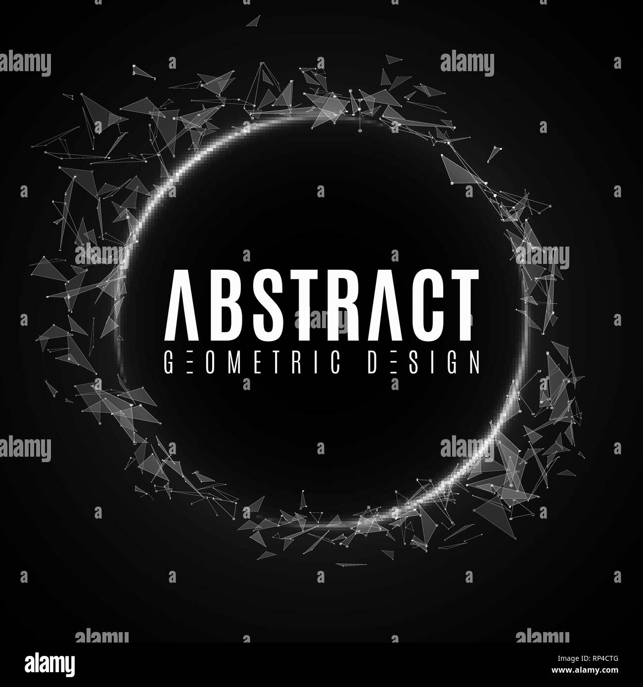 Geometric design. Banner of flying triangles and dots on a dark ...