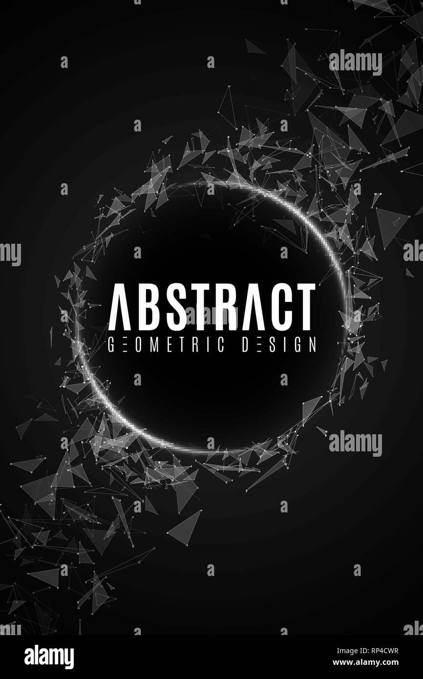 Geometric design. Circle banner of flying triangles and dots on a dark ...