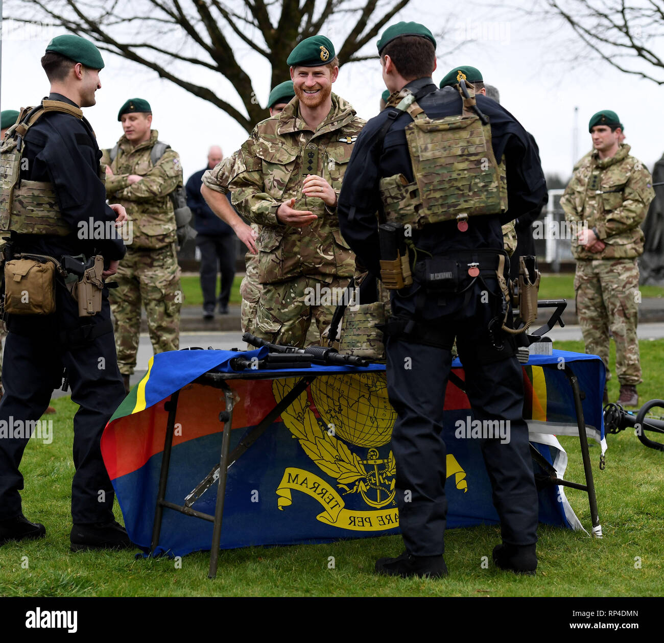 The Duke of Sussex during a visit to 42 Commando Royal Marines at their base in Bickleigh Stock ...