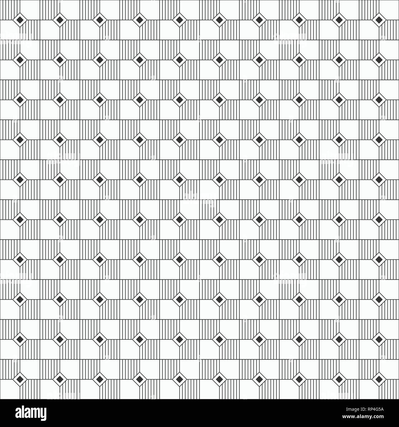Seamless geometric pattern of striped squares and rhombuses. Checkered background. Vertical ...