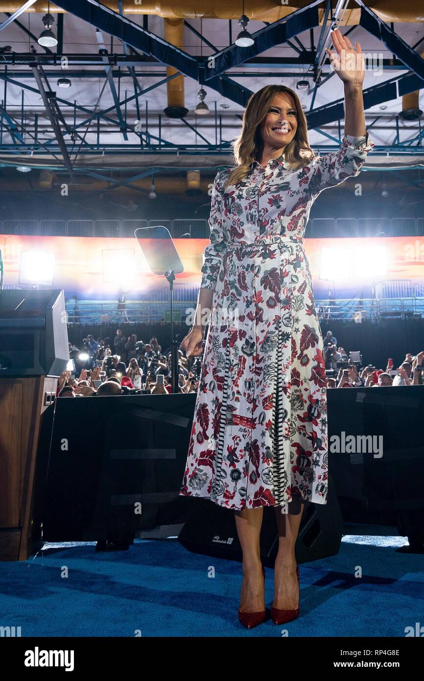 U.S First Lady Melania Trump waves after taking the stage before her ...