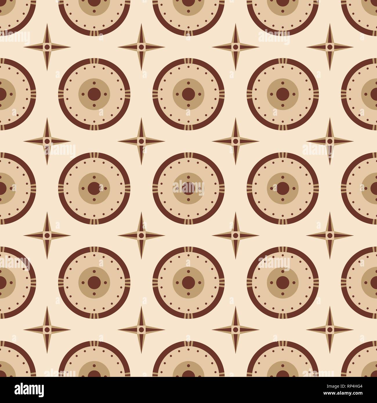 Vector seamless pattern of round shields and four-pointed stars. Flat ...