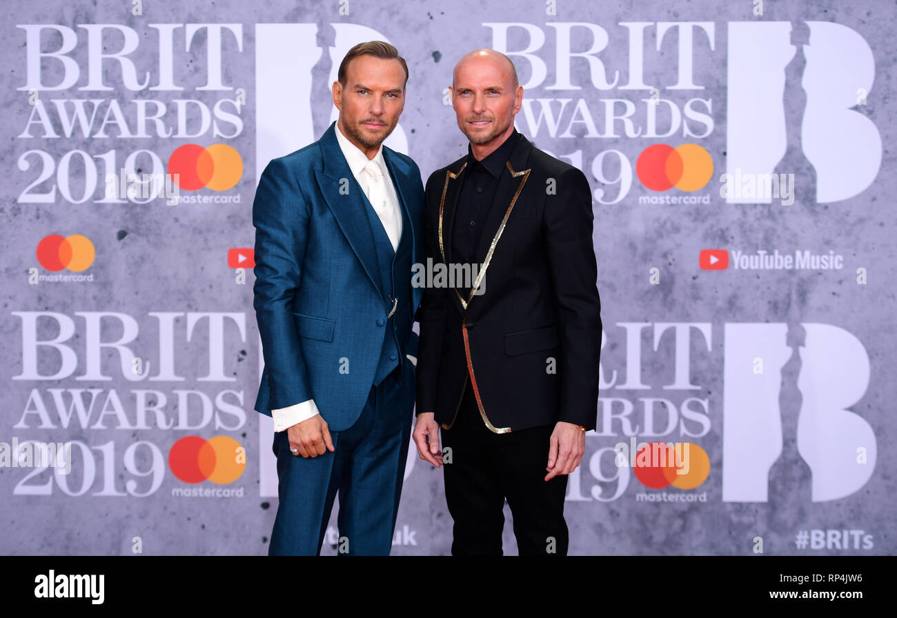Matt Goss (left) and Luke Goss of Bros attending the Brit Awards 2019 at the O2 Arena, London ...