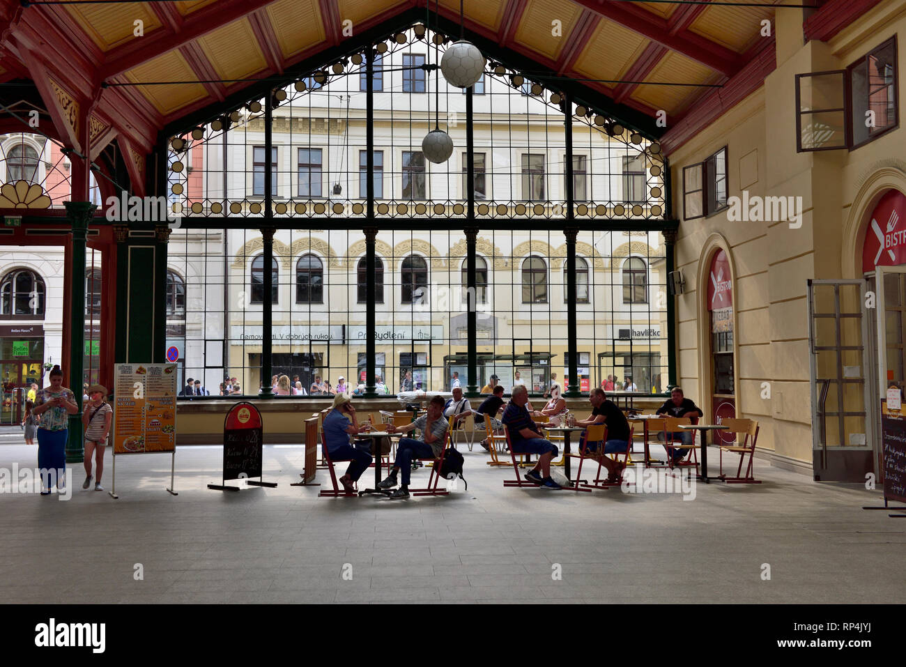 Inside Masaryk train station cafe area looking out toward street Stock ...