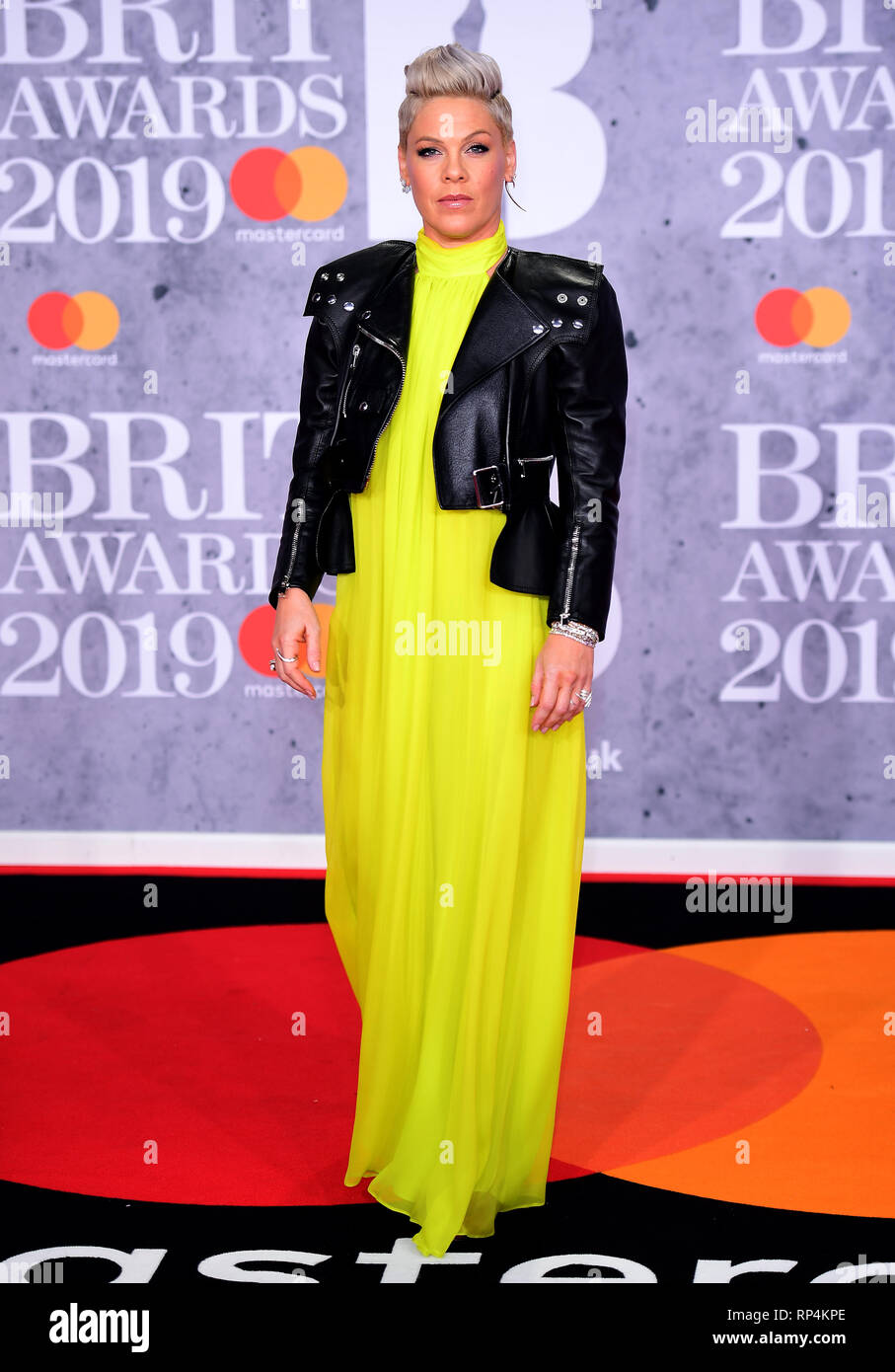 Pink attending the Brit Awards 2019 at the O2 Arena, London Stock Photo ...