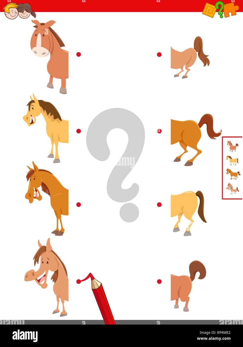 Cartoon Illustration of Educational Game of Matching Halves of Horses ...