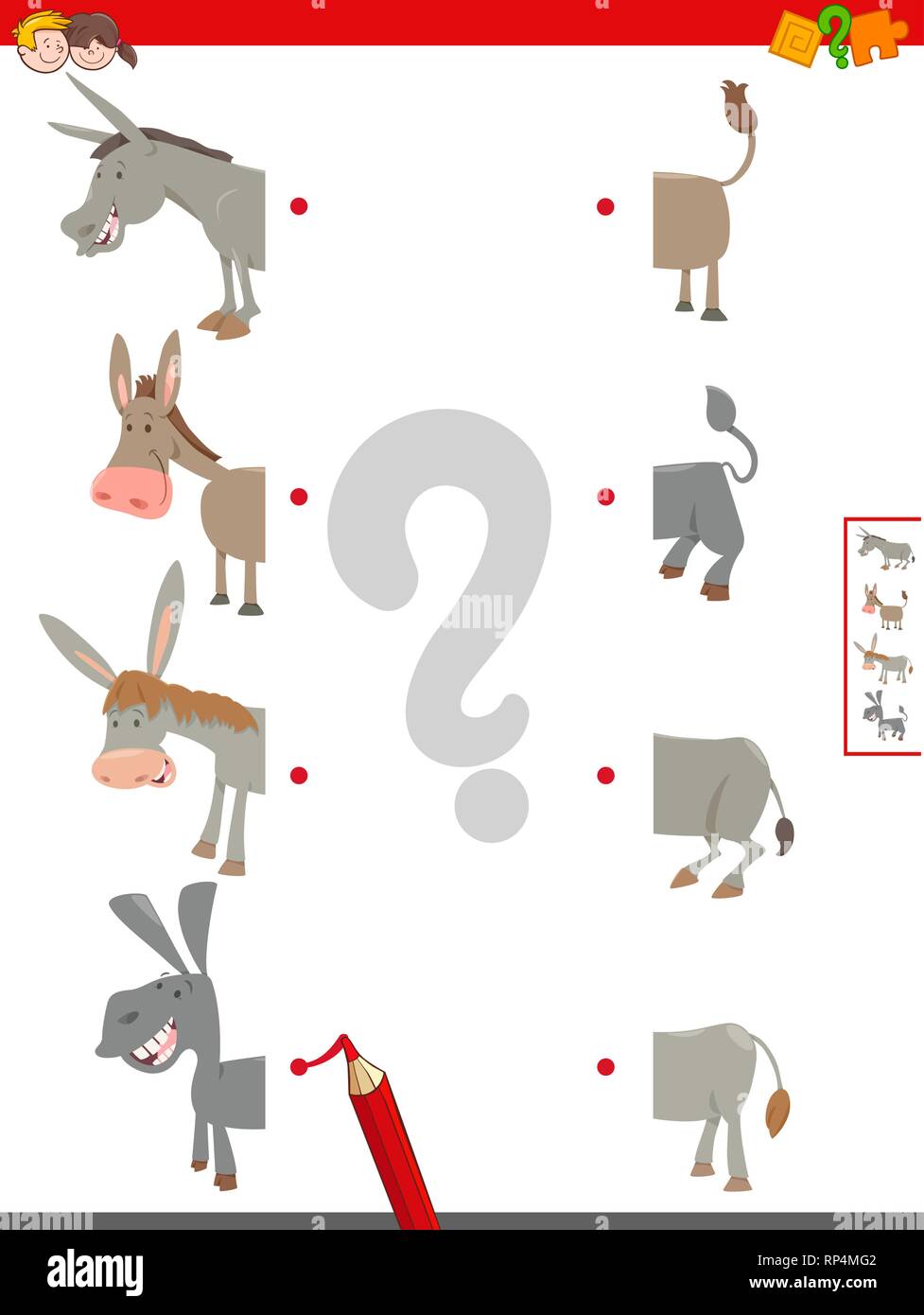 Cartoon Illustration of Educational Game of Matching Halves of Donkeys ...