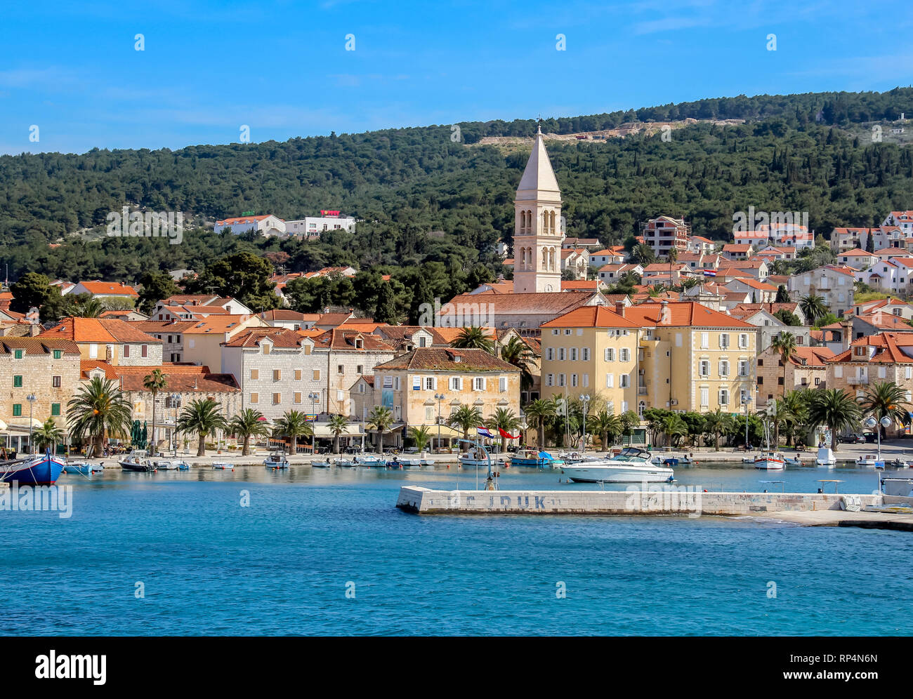 split cityscape skyline view with harbour and historical downtown ...