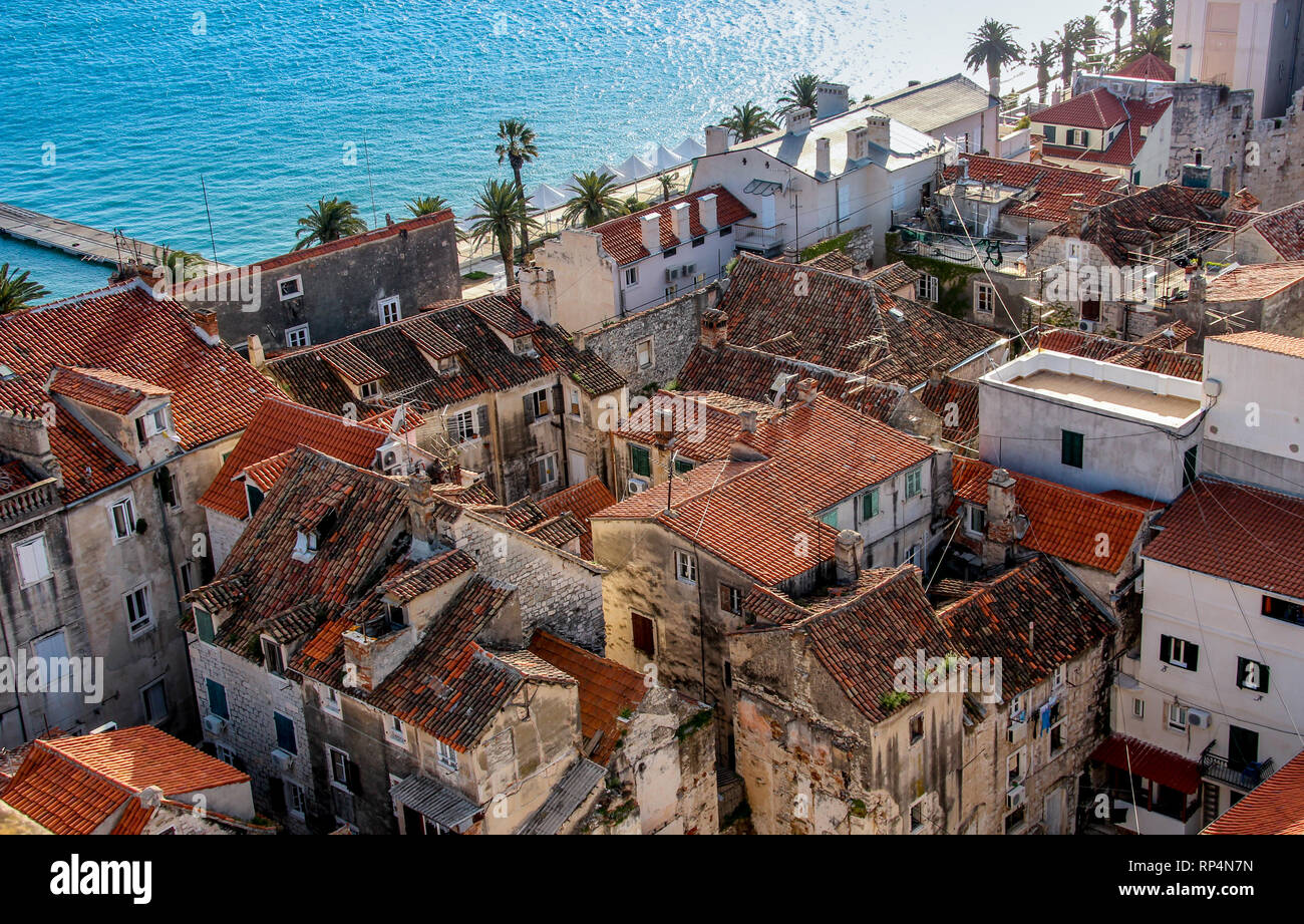old split cityscape with seashore and ancient houses, travel croatia ...