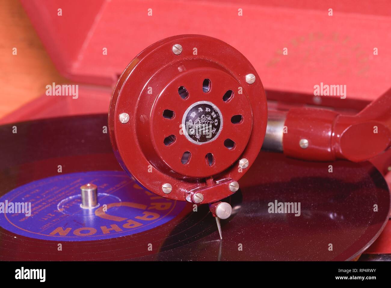 Image shows vintage gramophone famous Czech brand Supraphone. The red ...