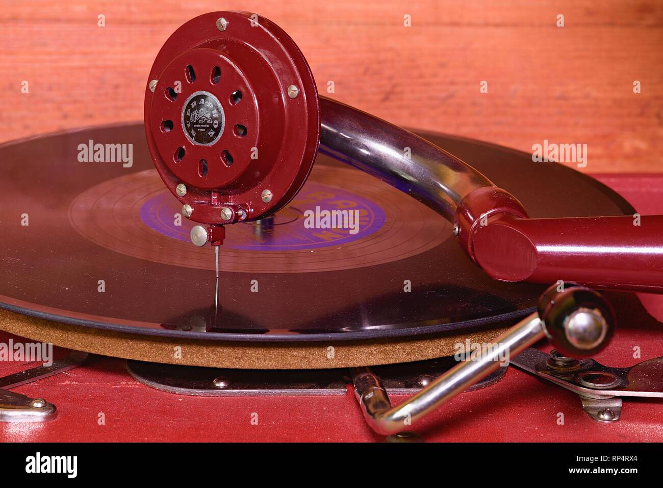 Image shows vintage gramophone famous Czech brand Supraphone. The red ...