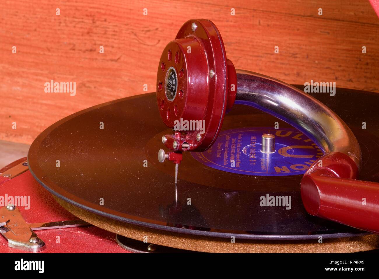 Image shows vintage gramophone famous Czech brand Supraphone. The red ...