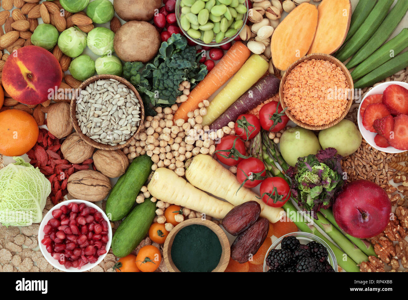 Health Food For A High Fibre Diet Concept With Fruit Vegetables Whole Grain Bread Grains