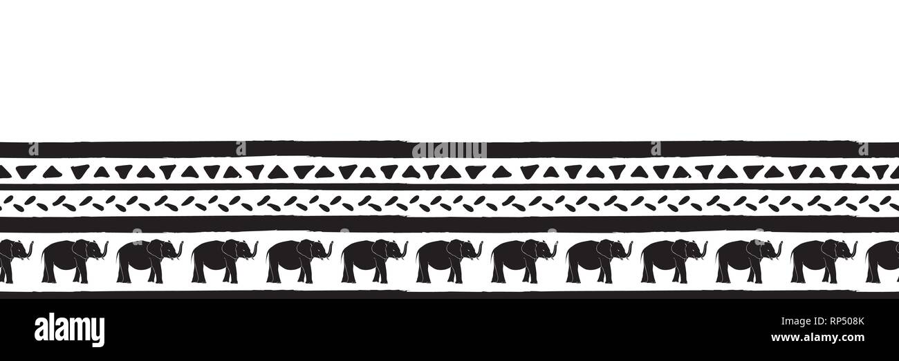 Vector seamless border with elephants hand drawn stripes and triangles ...