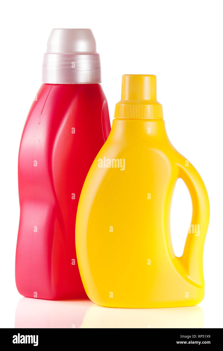 laundry detergent bottle with fabric softener isolated on white ...