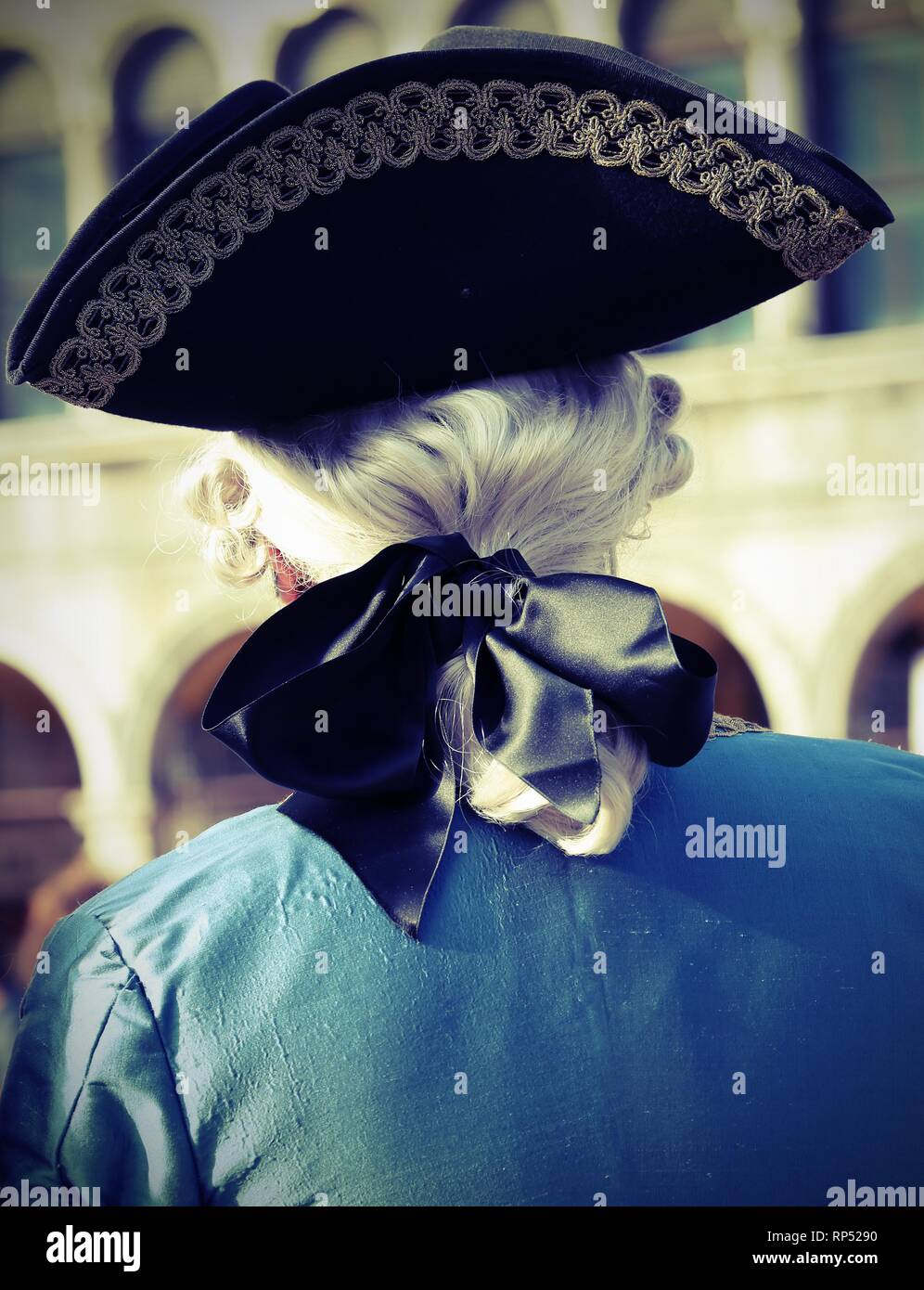old nobleman with white wig and black hat with vintage antique effect ...