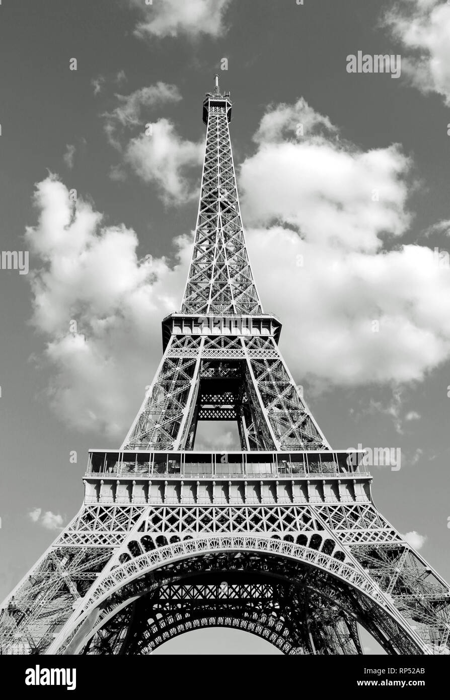 bottom view of Eiffel Tower in black and white effect with clouds Stock ...