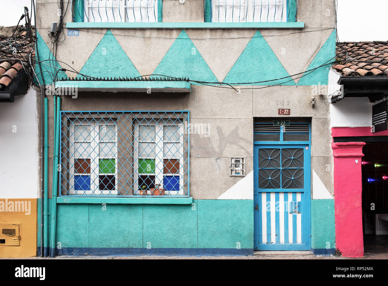 Decorated facade of residential building in the historic district of ...