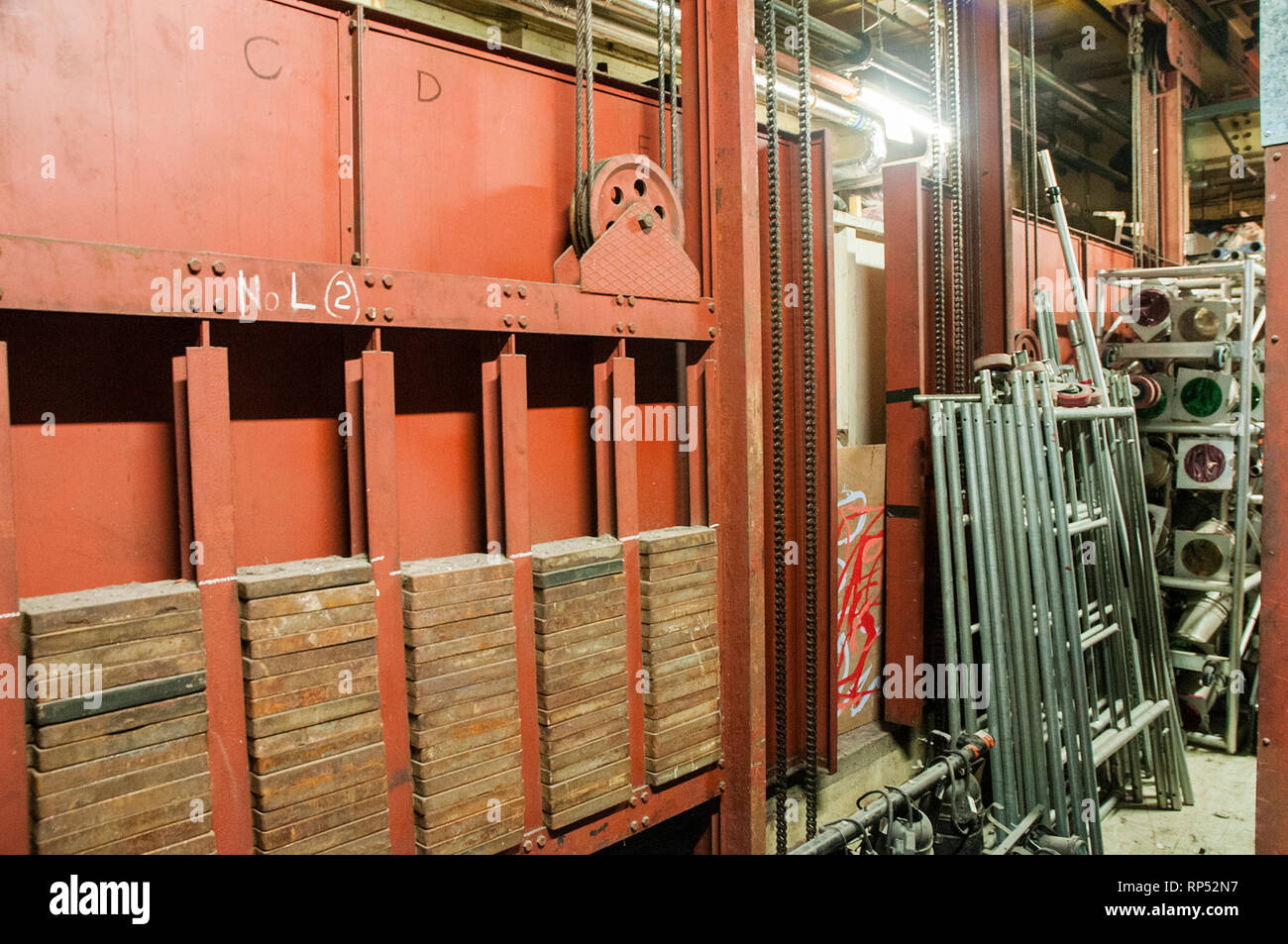 View of equipment and lifts for scenery etc under the stage of the ...
