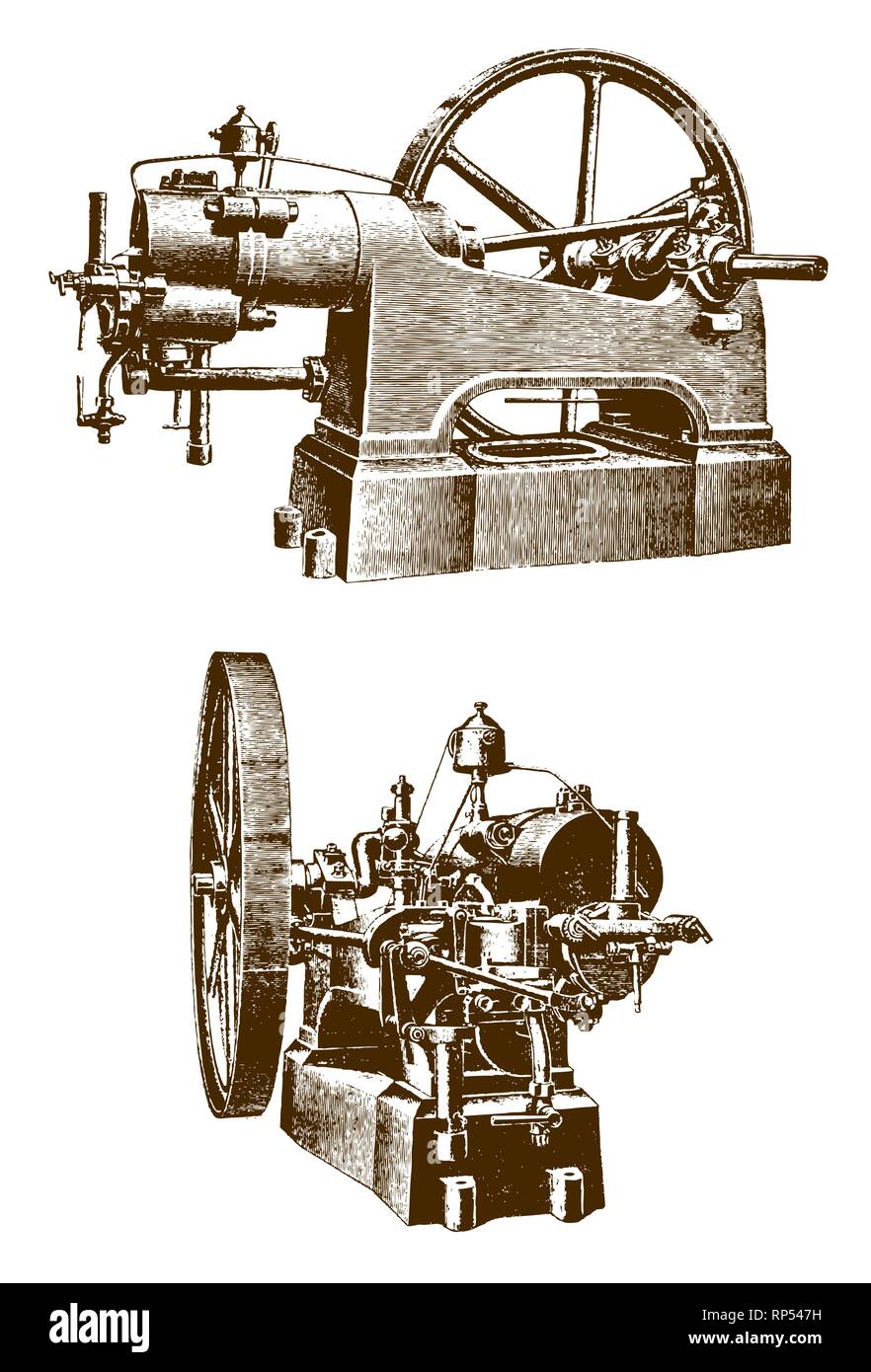 Historic gas engine in side and frontal view (after an engraving or ...