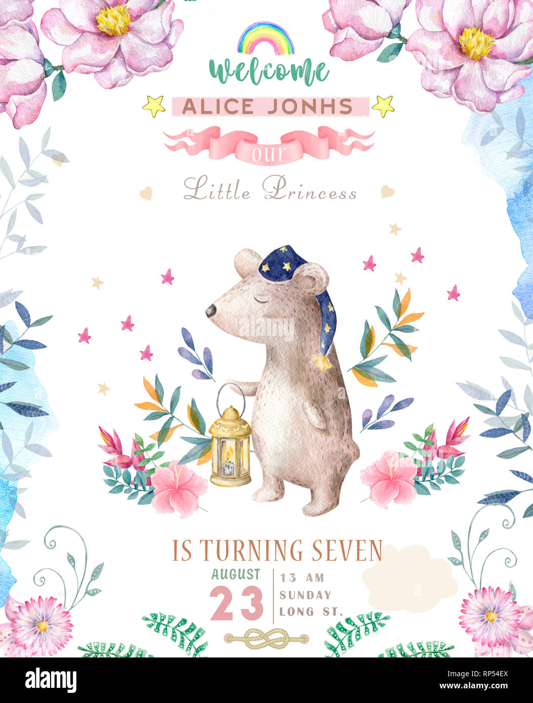 Watercolor cute baby Bear with light and boho flowers and floral ...