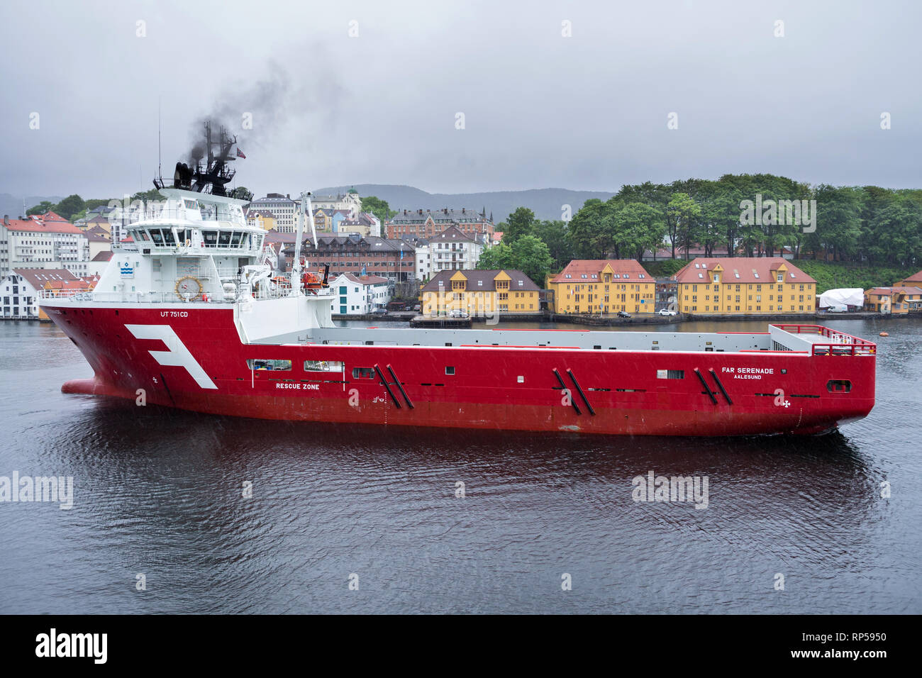 Platform-supply vessel FAR SERENADE leaving the port of Bergen in the ...