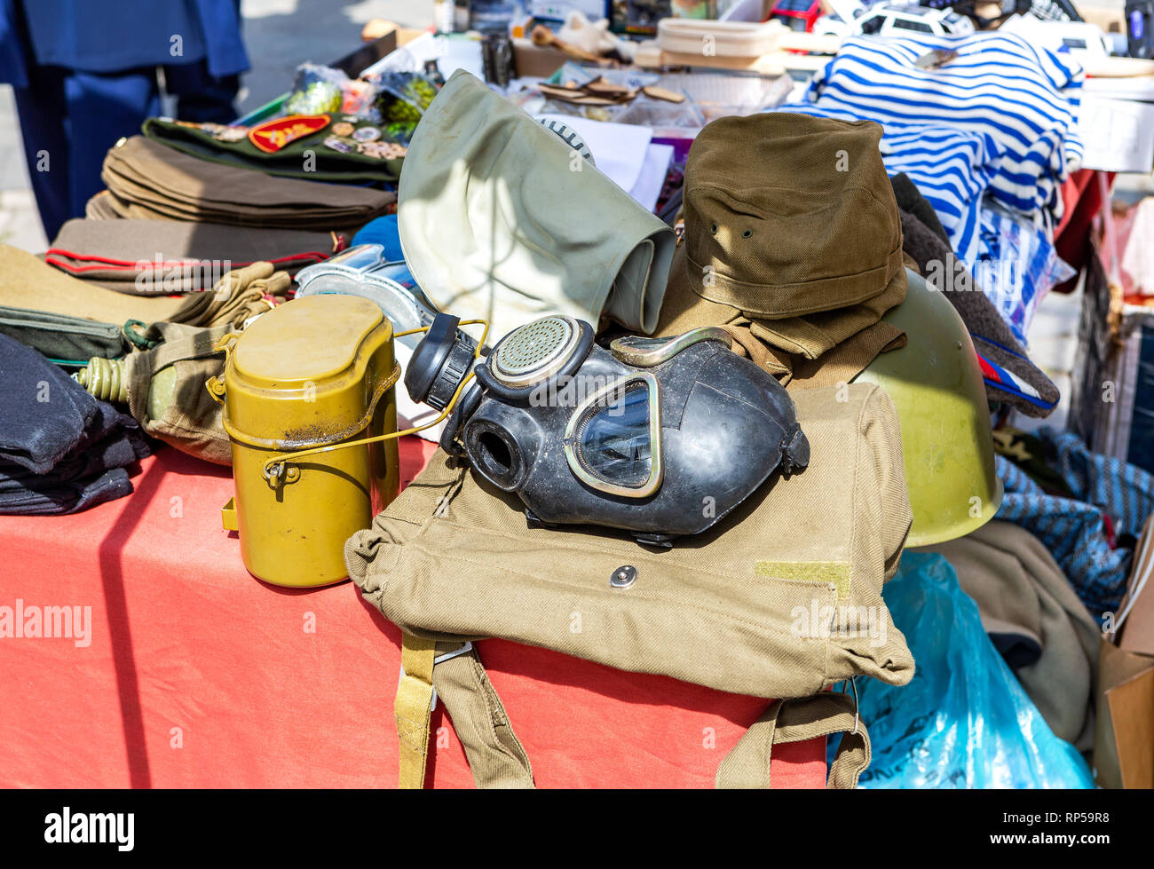 Samara, Russia - May 9, 2018: Black military gas mask, army bowler and ...
