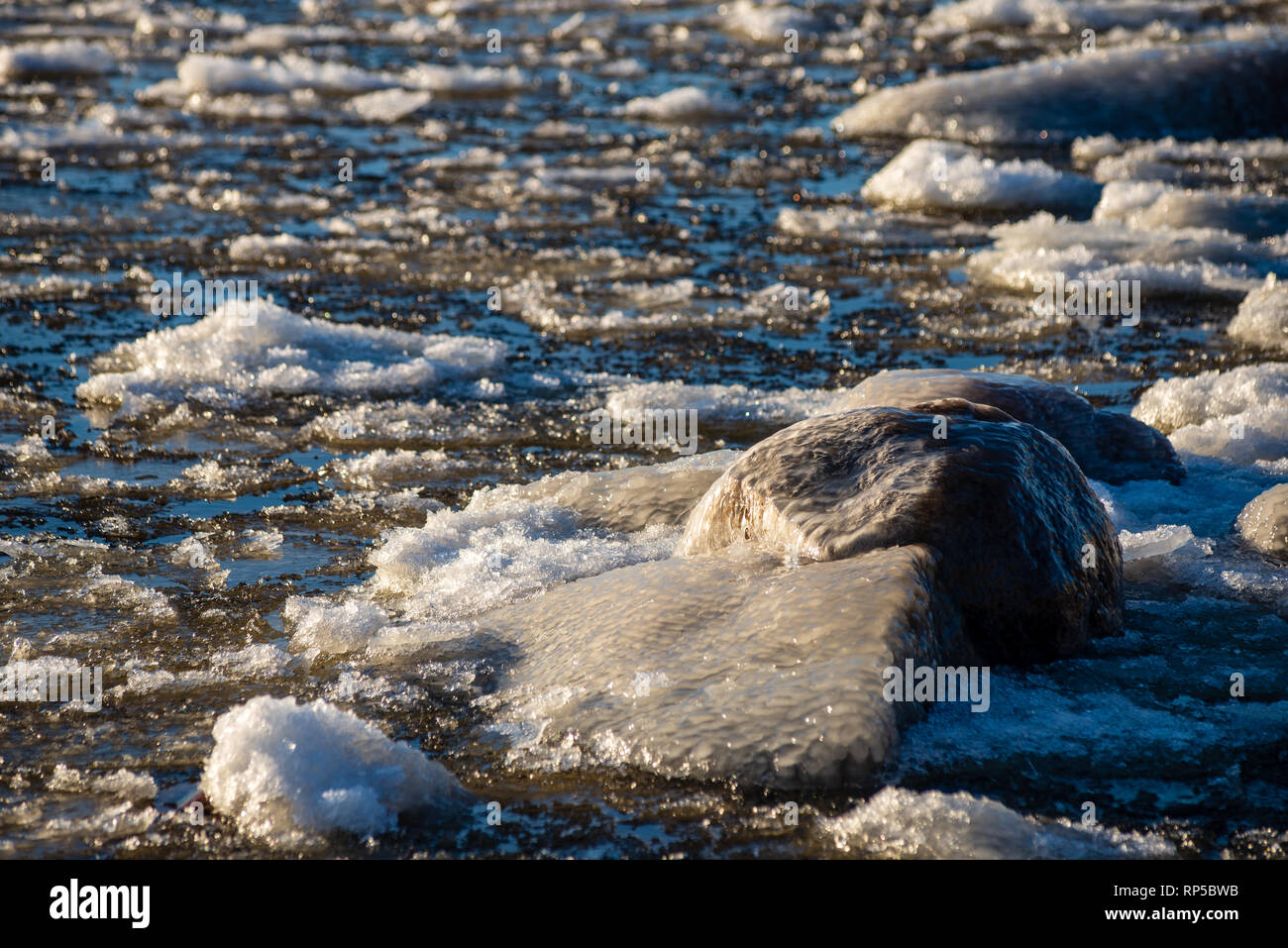 frozen ice blocks on sea beach in winter with sand and snow in overcast ...