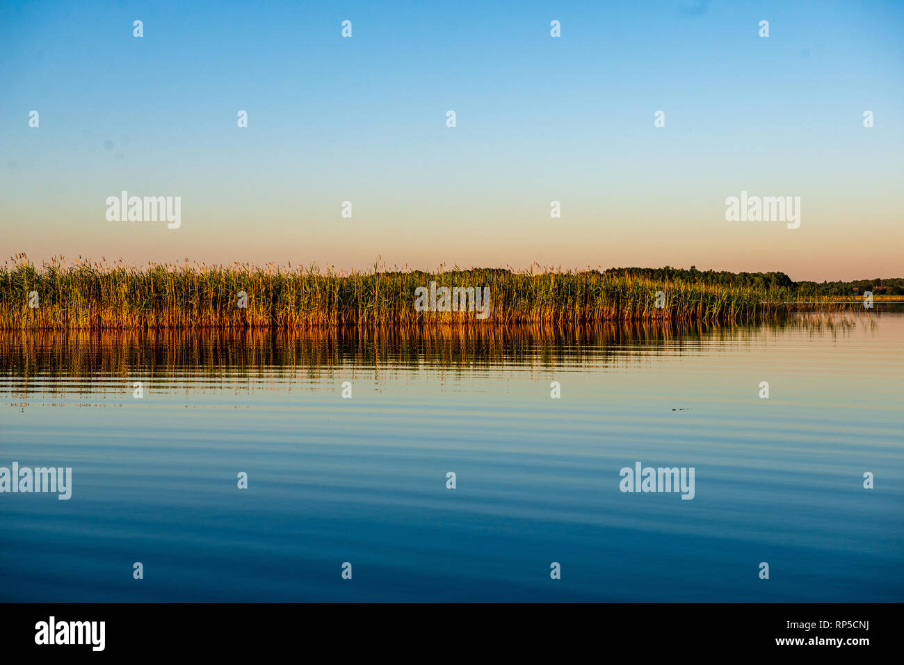 calm weather sunset on country lake with calm water and silent simmetry ...