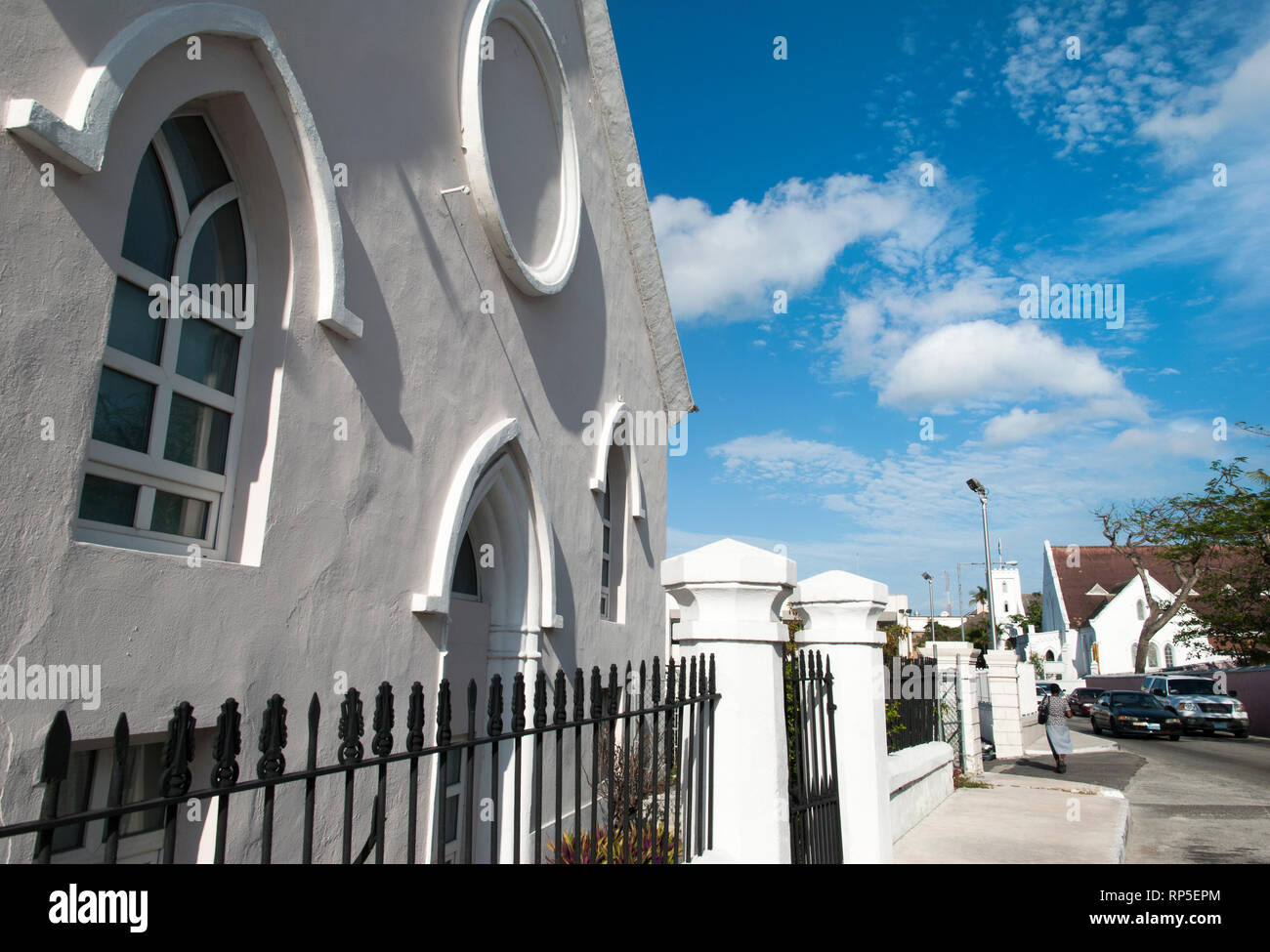 White color churches on both sides in one of Nassau downtown streets ...