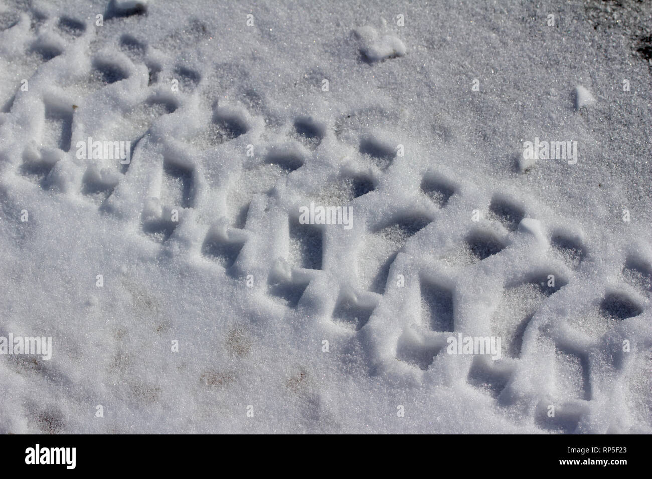 Overhead close up abstract view of tire track imprints on snow covered ...