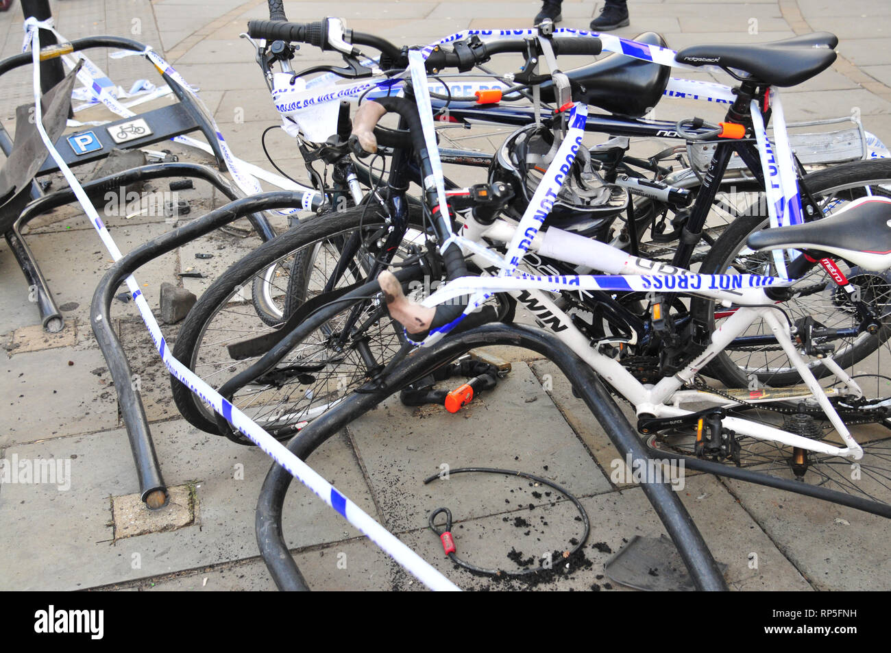 Photography of London bicycle rack and bicycles damaged in an road ...