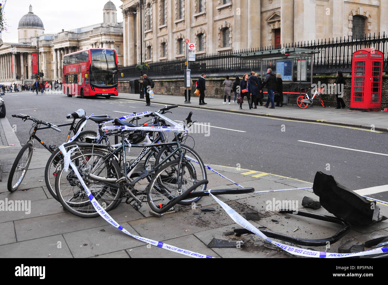 Photography of London bicycle rack and bicycles damaged in an road ...