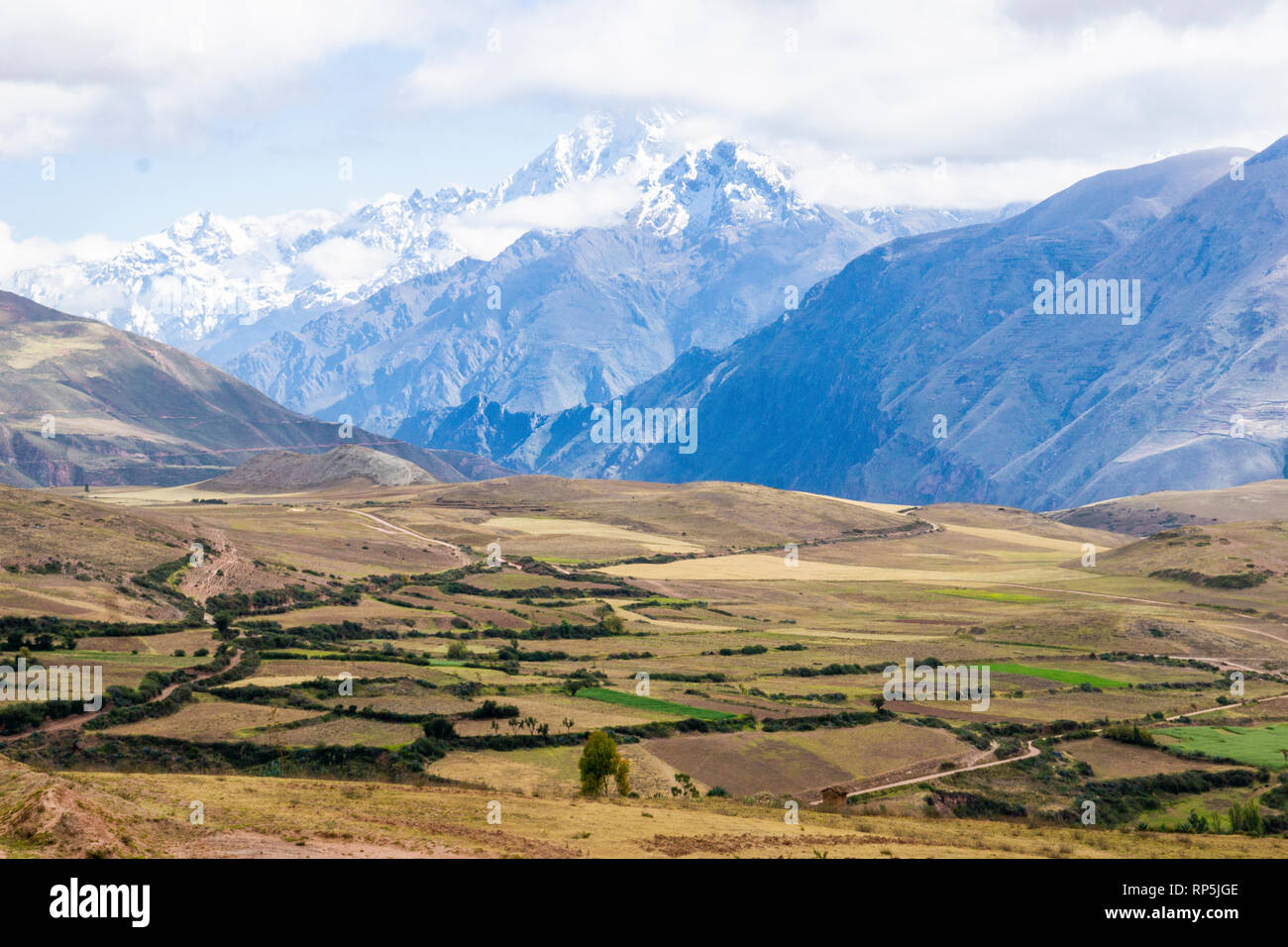 Farmland with Andes mountain landscape in background, Sacred Valley ...