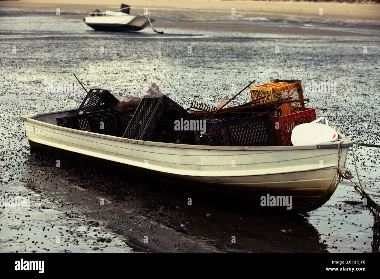 Boat filled with oyster rakes and crates in Wellfleet Harbor on Cape ...